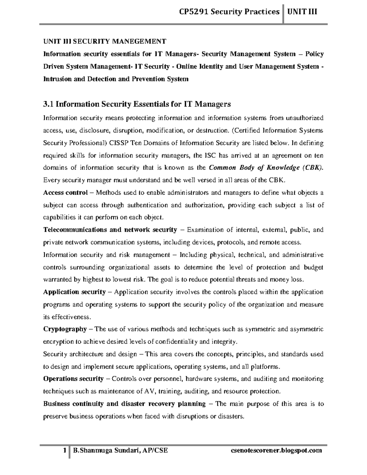 UNIT III Security Manegement - UNIT III SECURITY MANEGEMENT Information security essentials for ...