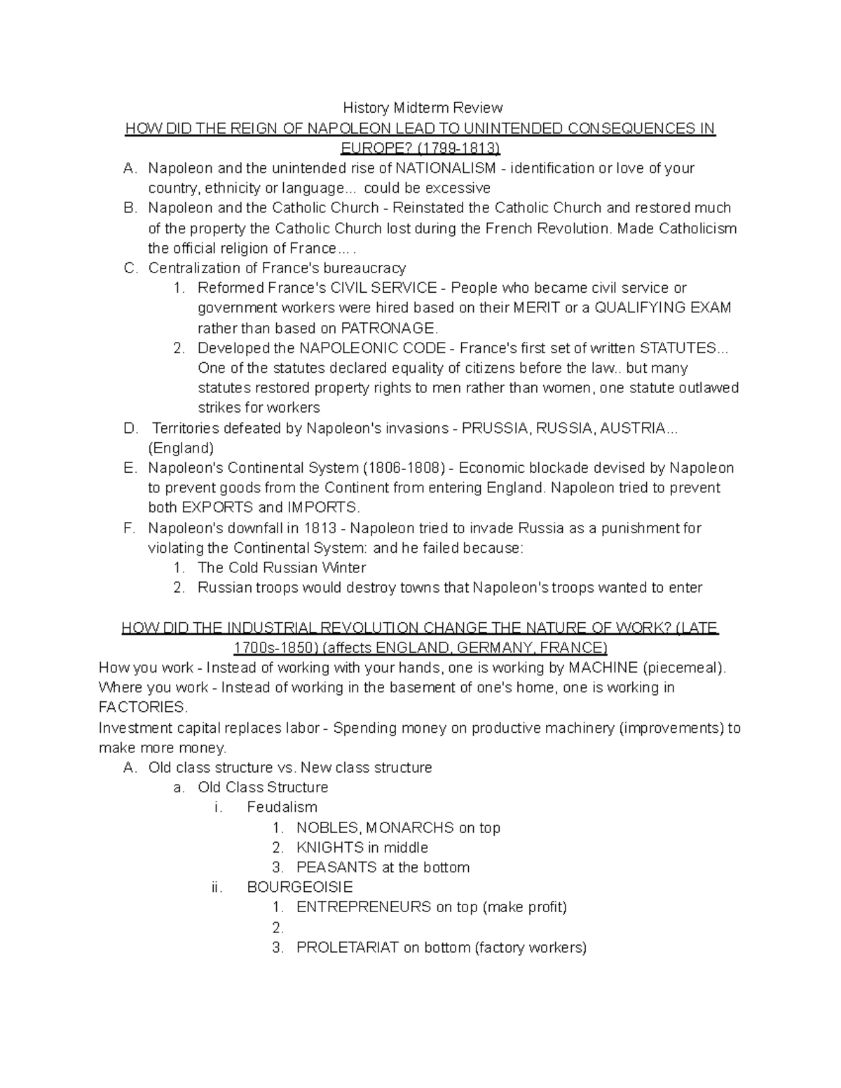 History Midterm Review - Napoleon and the unintended rise of ...