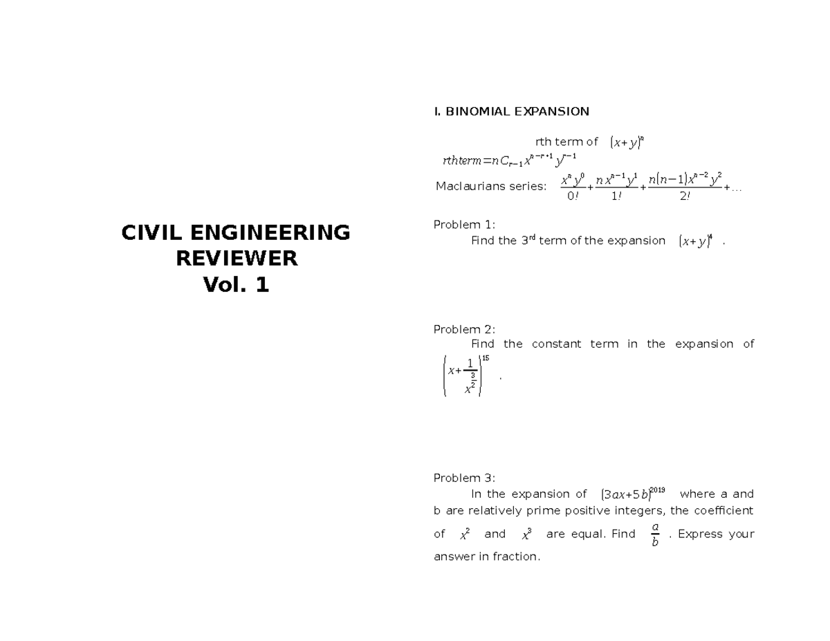 Volume 1 - Lecture with sample problems. - CIVIL ENGINEERING REVIEWER ...