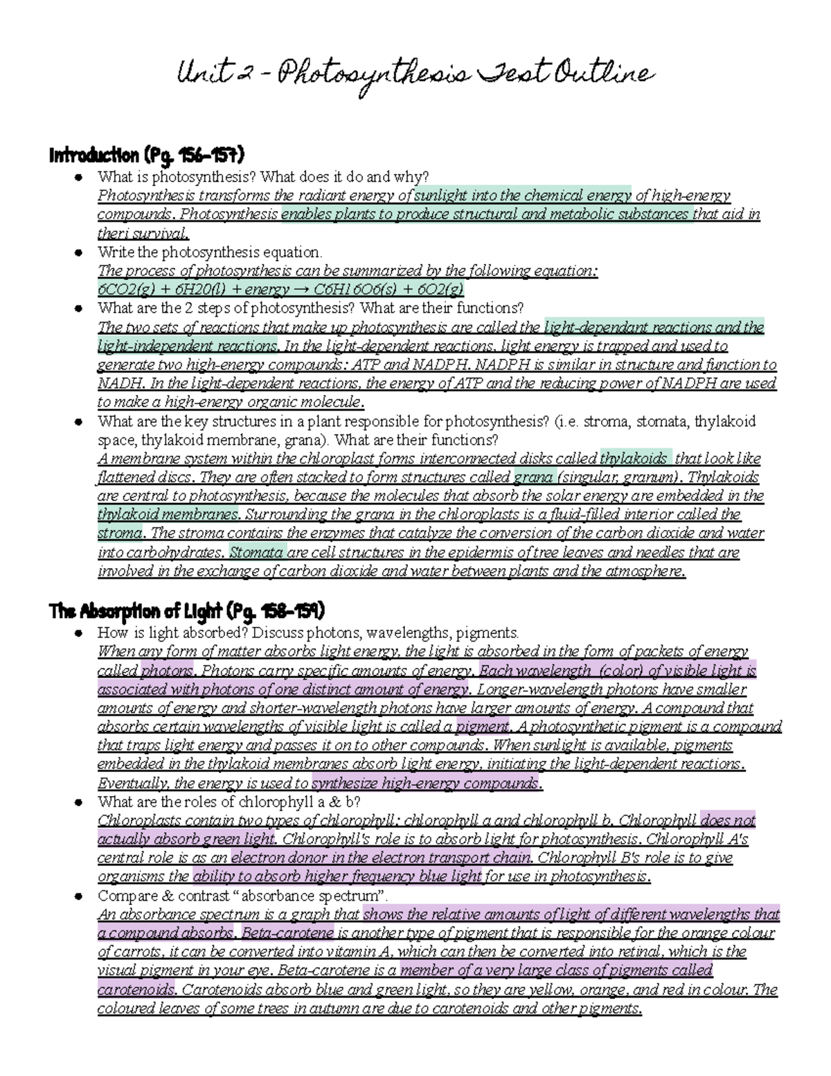 Photosynthesis Test Outline - AN - Unit 2 - Photosynthesis Test Outline ...