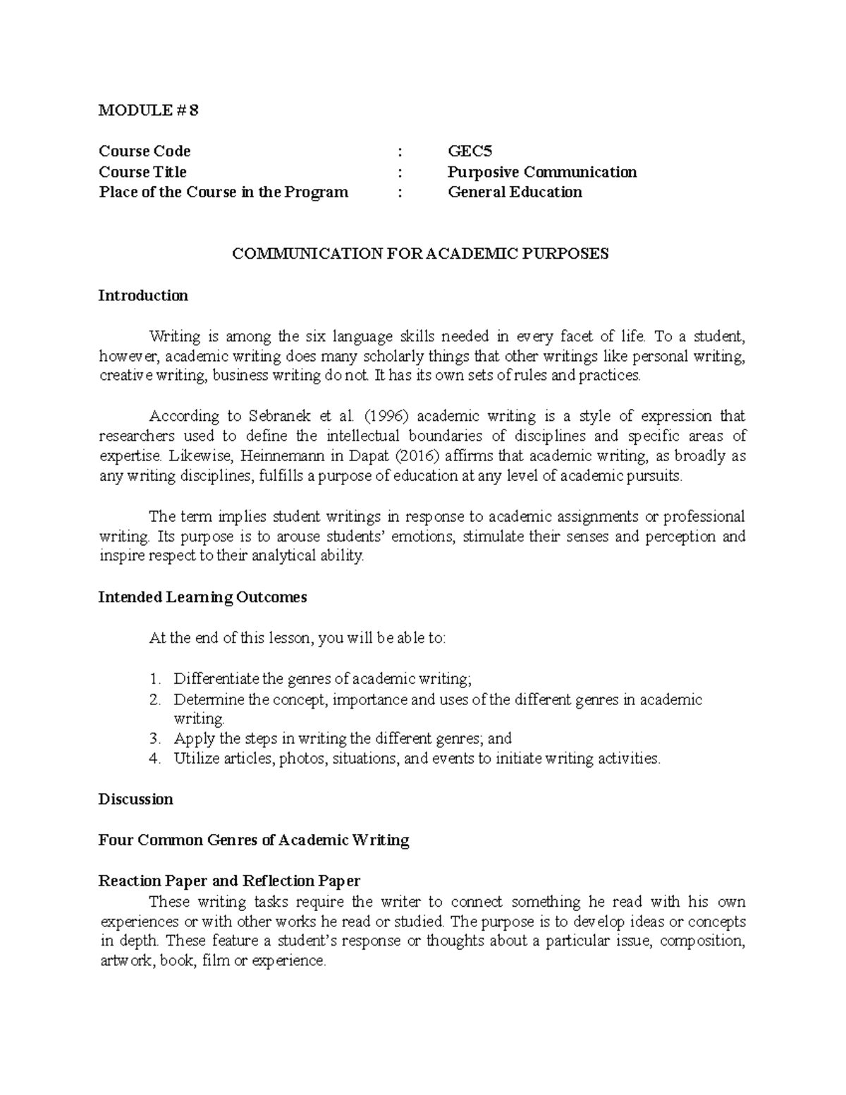 Module 8 Purposive Communication - MODULE # 8 Course Code : GEC Course Title : Purposive - Studocu