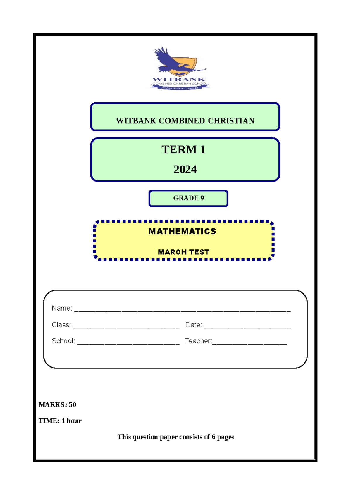 Gr12 Term 2 Test - 2015 MARKS: 50 TIME: 1 hour This question paper ...