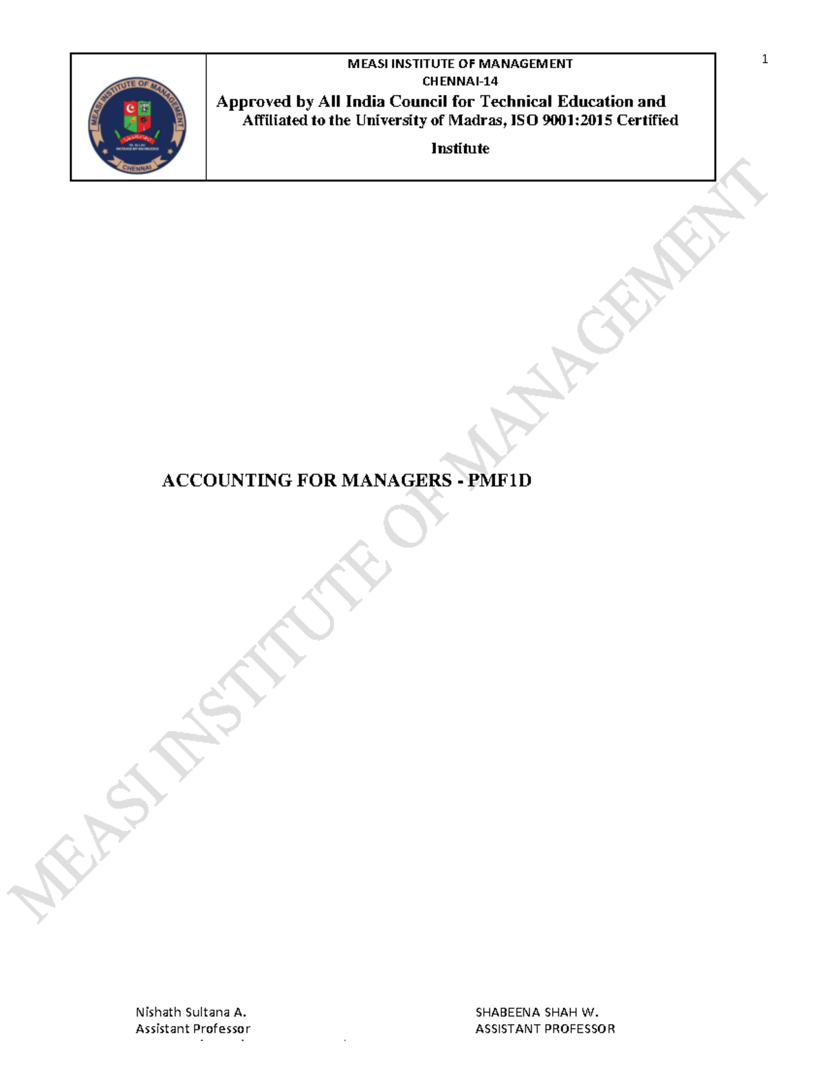 PMF1D-AFM (1) accounting for manager - Nishath Sultana A. SHABEENA SHAH W. Assistant Professor ...