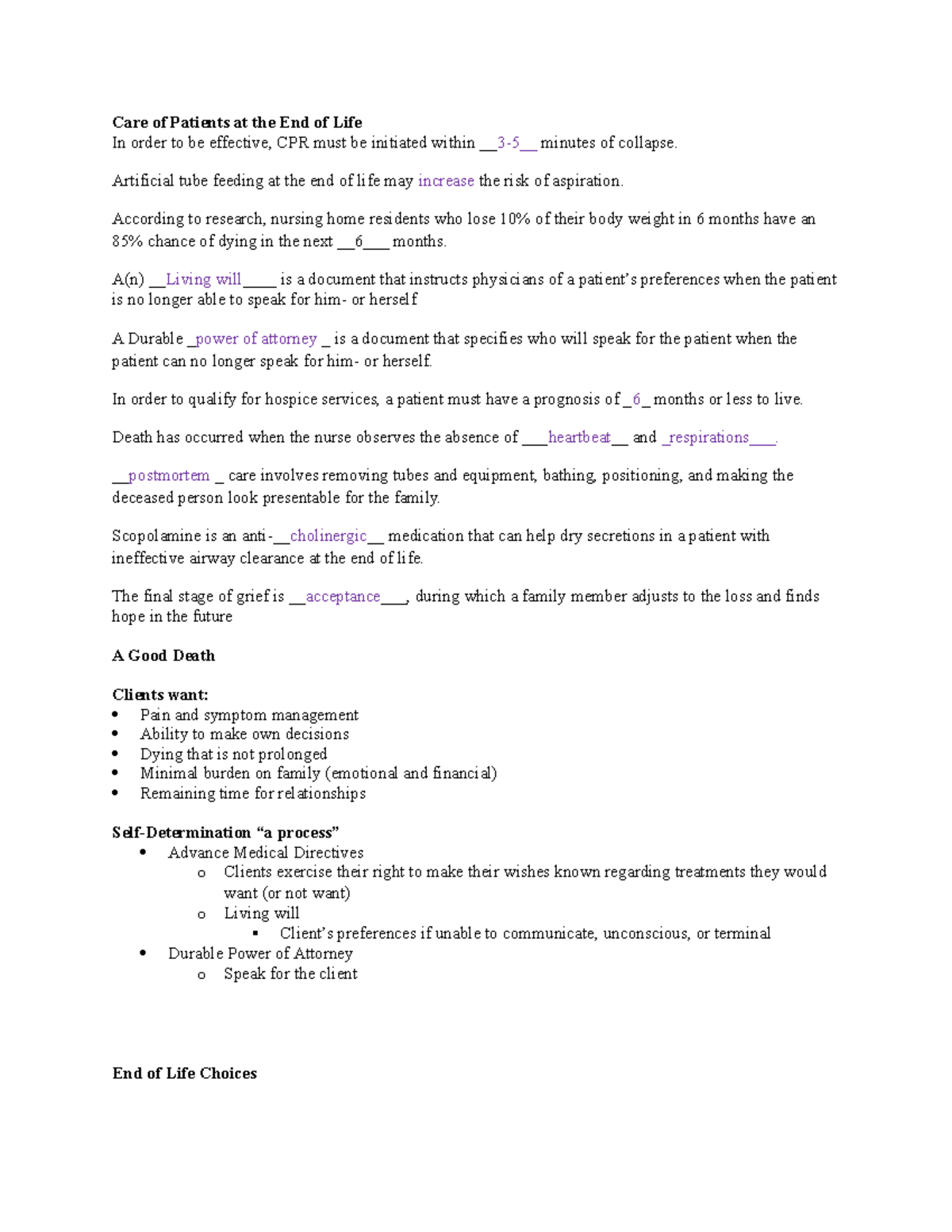 Chapter 17 end of life - Notes taken from slides and powerpoint for med ...