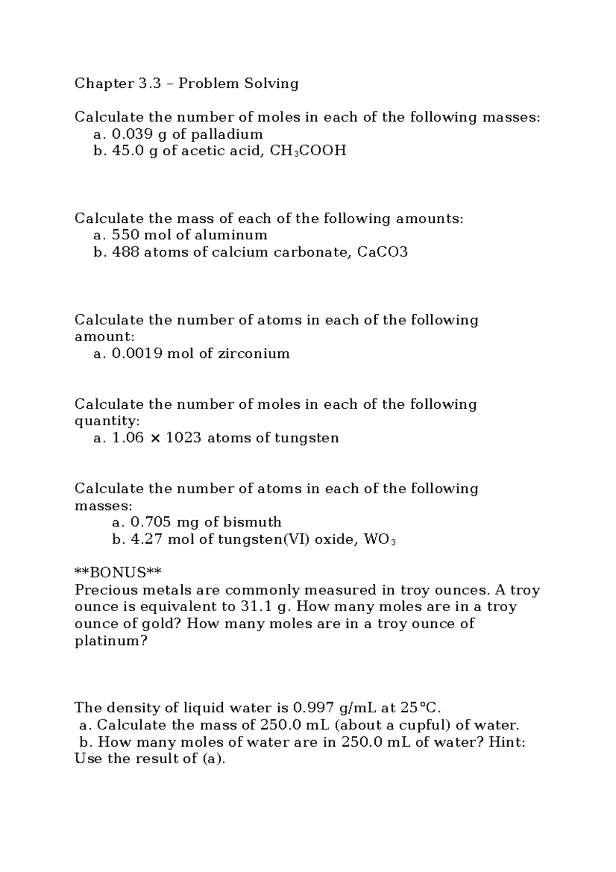 Chemistry Classwork Moles Atoms Grams Solving Problems Chapter 3