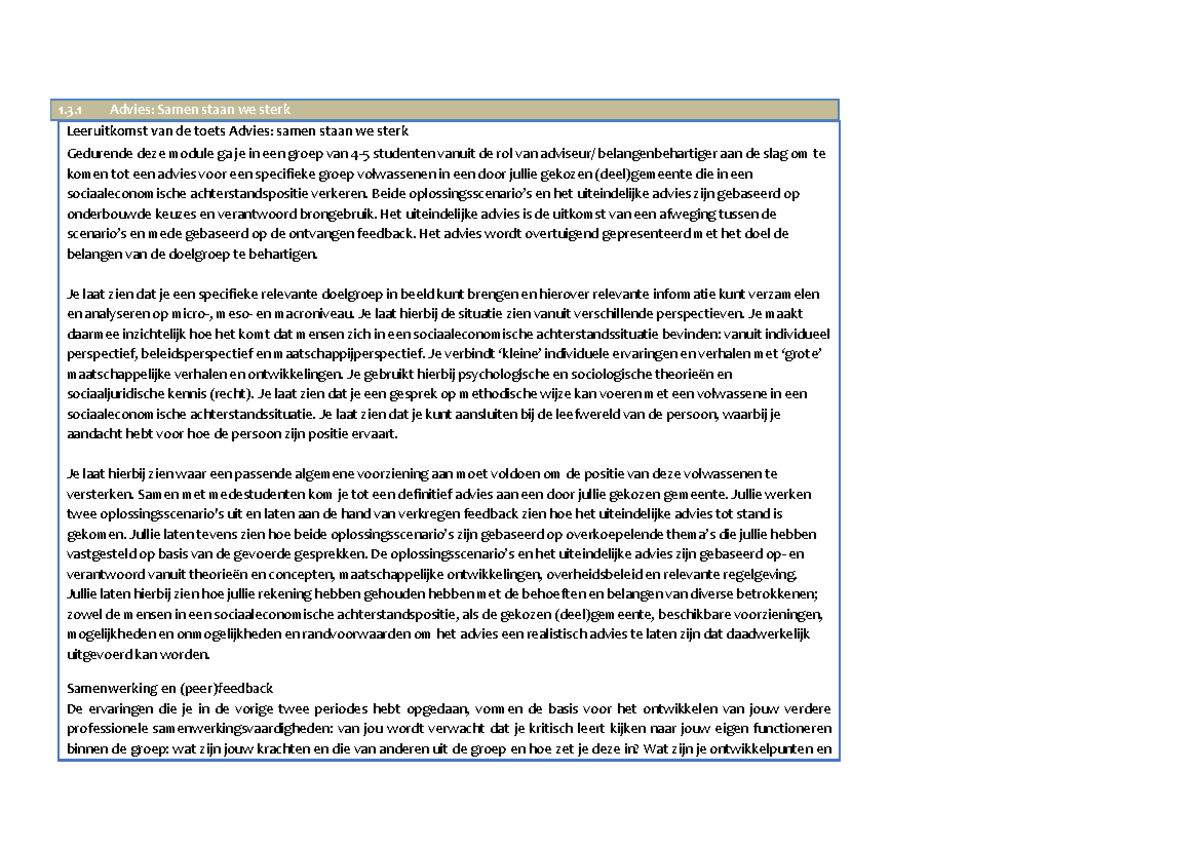 Beoordelingsformulier 1 - Leeruitkomst van de toets Advies: samen staan we sterk Gedurende deze ...