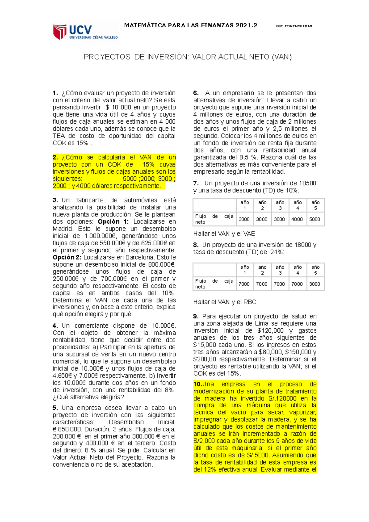 13. Trabajo DE AULA VAN, VAE, RBC Problemas de matemáticas para las ...