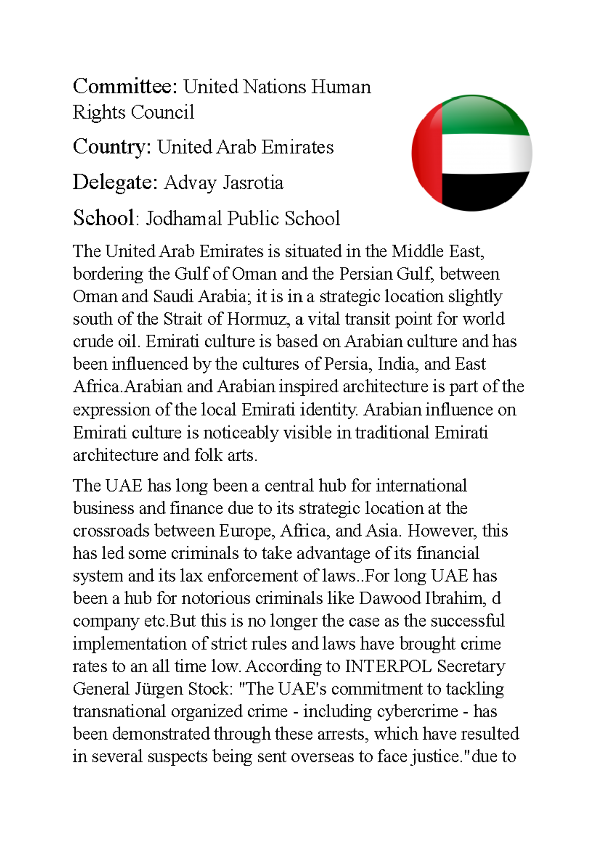 Committee - Example of position paper - Committee: United Nations Human ...