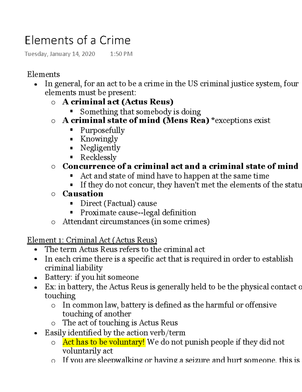 Elements of a Crime - Lecture notes 1 - Elements In general, for an act ...