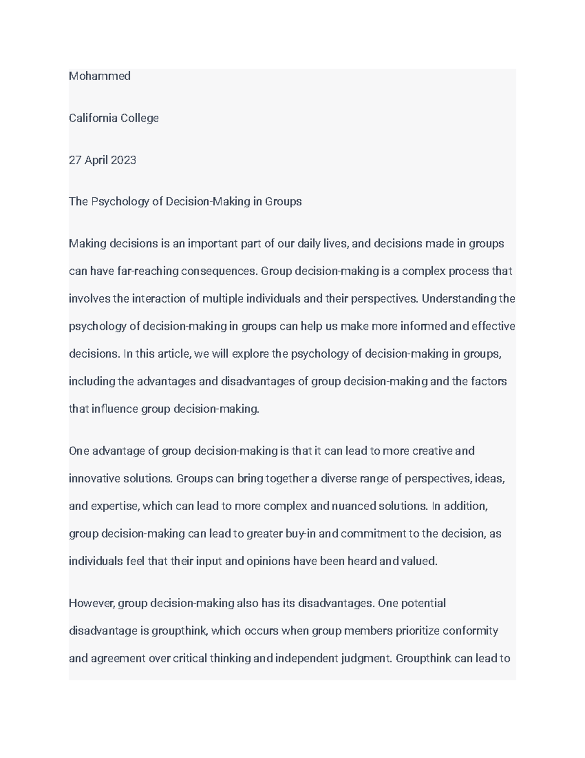 The Psychology of Decision-Making in Groups - Mohammed California ...