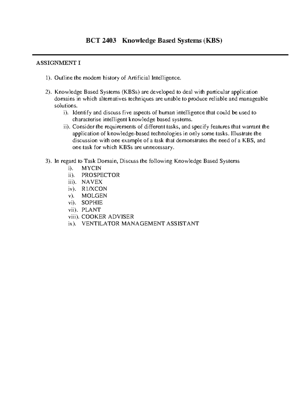 BCT2403 KBS Assignment I KNOWLEDGE BASED SYSTEMS practice work - BCT ...