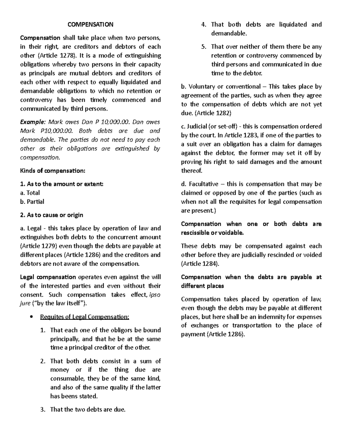 Notes in Compensation - COMPENSATION Compensation shall take place when ...