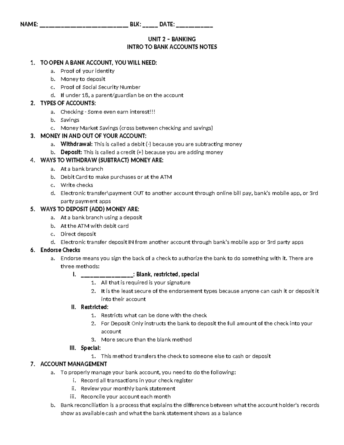 Unit 2 - Intro Bank Accounts Notes - NAME ...