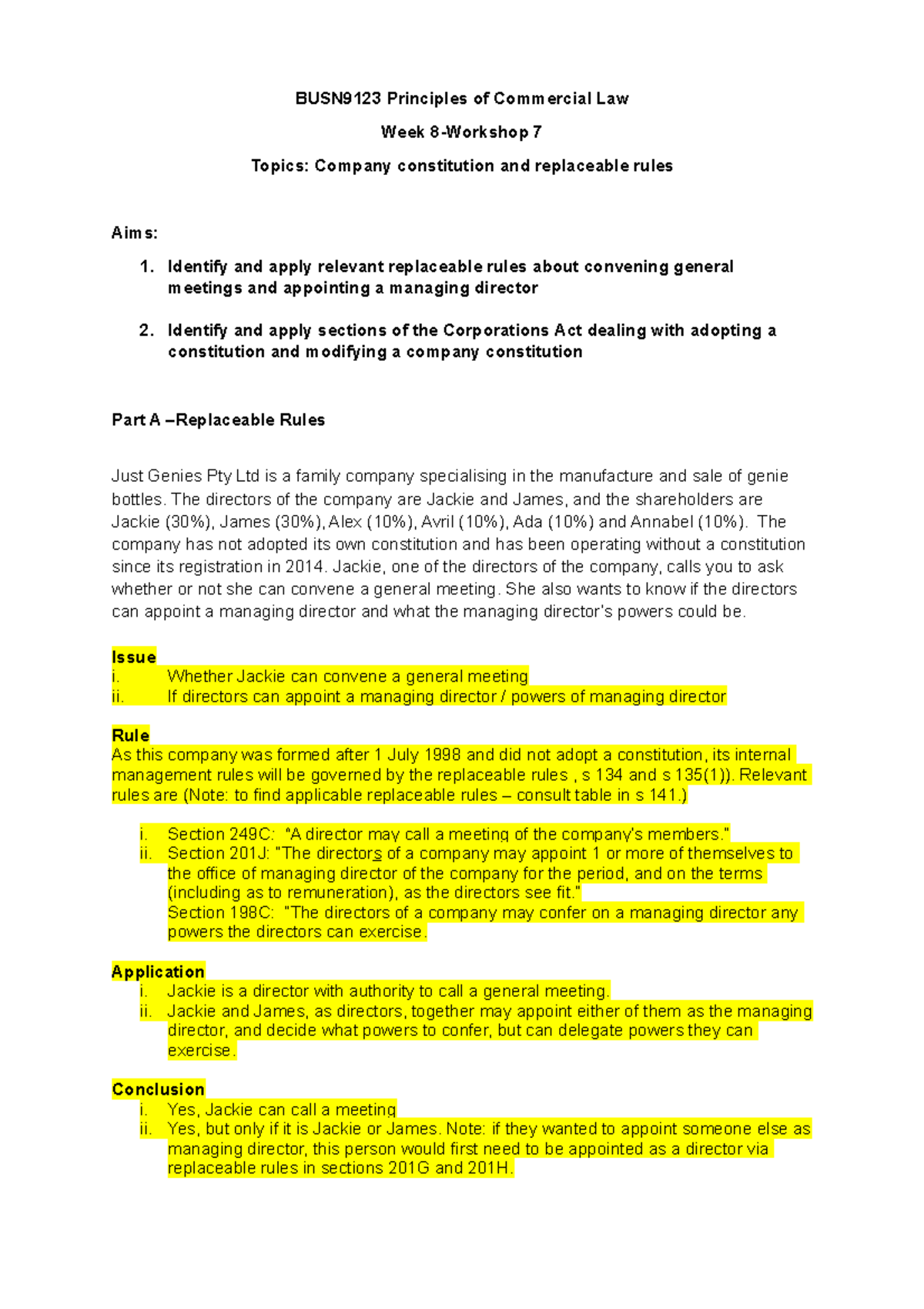 Module 8 Workshop with notes - BUSN9123 Principles of Commercial Law ...