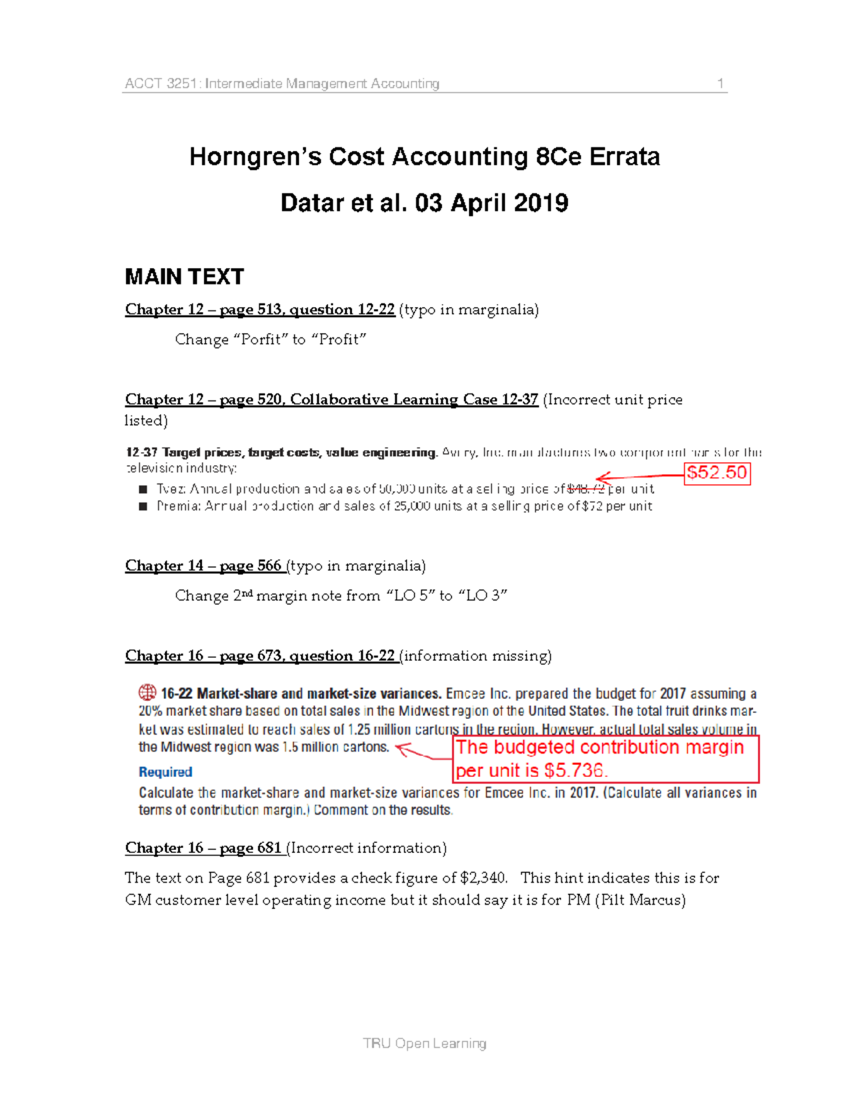 Horngren Cost Accounting 8Ce Errata - ACCT 3251: Intermediate ...