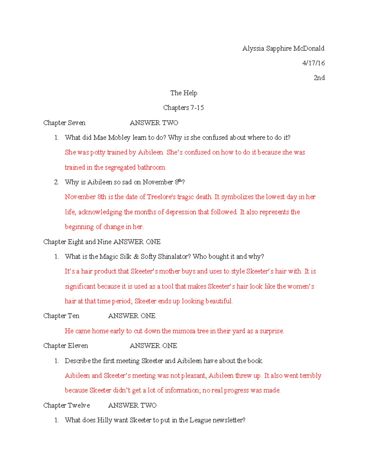 Honors US History - The Help Chapters 7-15 - Alyssia Sapphire McDonald ...