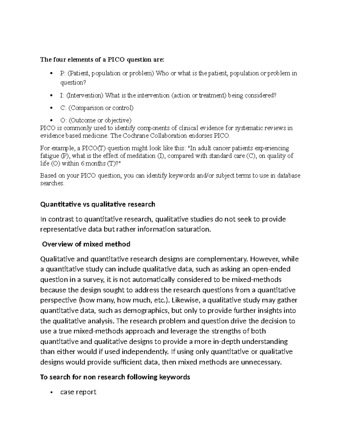 Research notes for learning - The four elements of a PICO question are ...