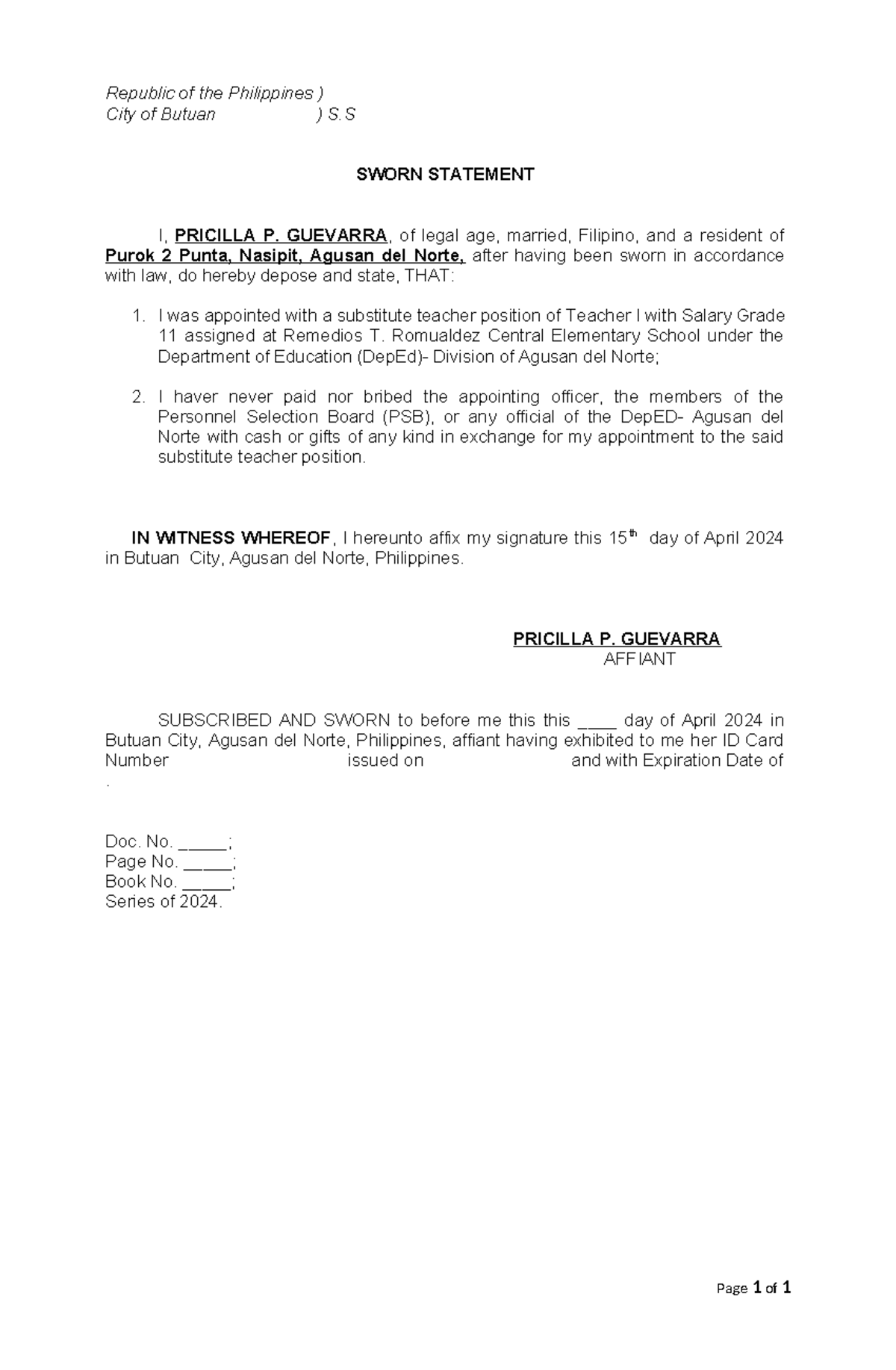 Sworn Statement-guevarra - Republic of the Philippines ) City of Butuan ...