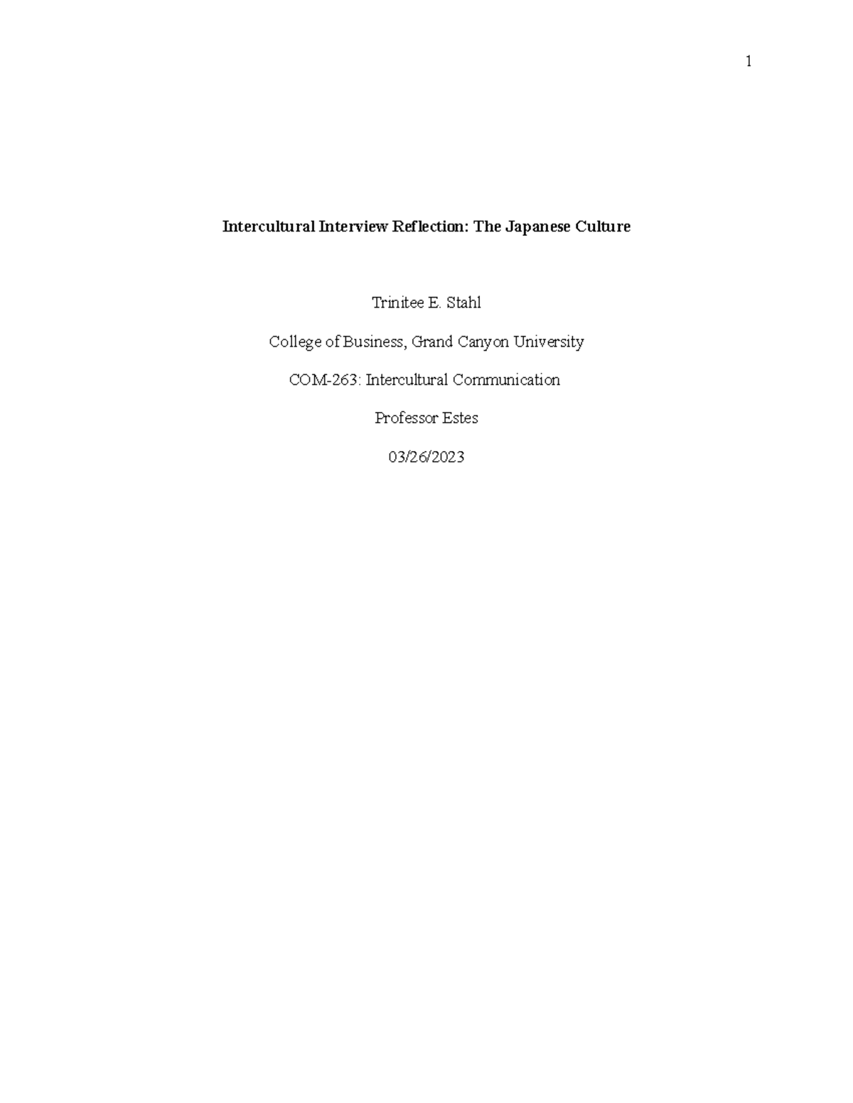 Intercultural interview reflection - Stahl College of Business, Grand ...