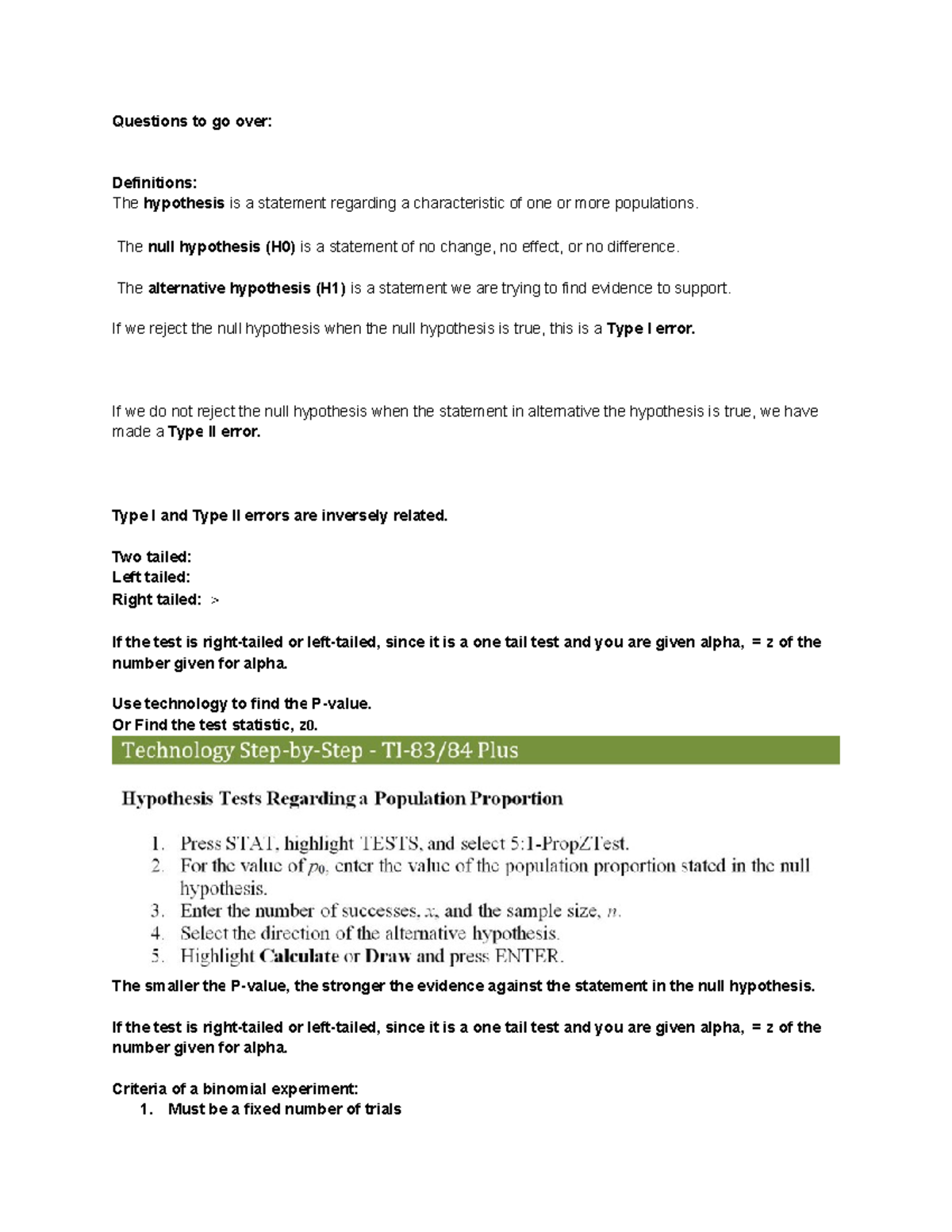 Stats Homework 9 notes - Questions to go over: Definitions: The ...