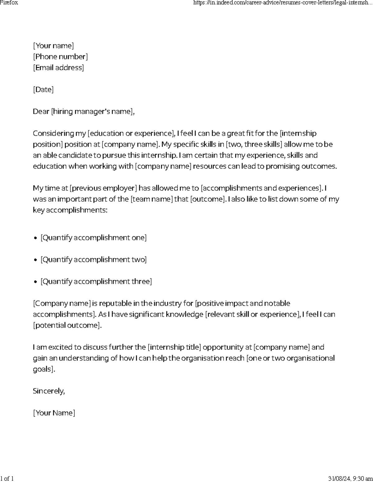 How To Write A Legal Internship Cover Letter (With Example) Indeed.com ...