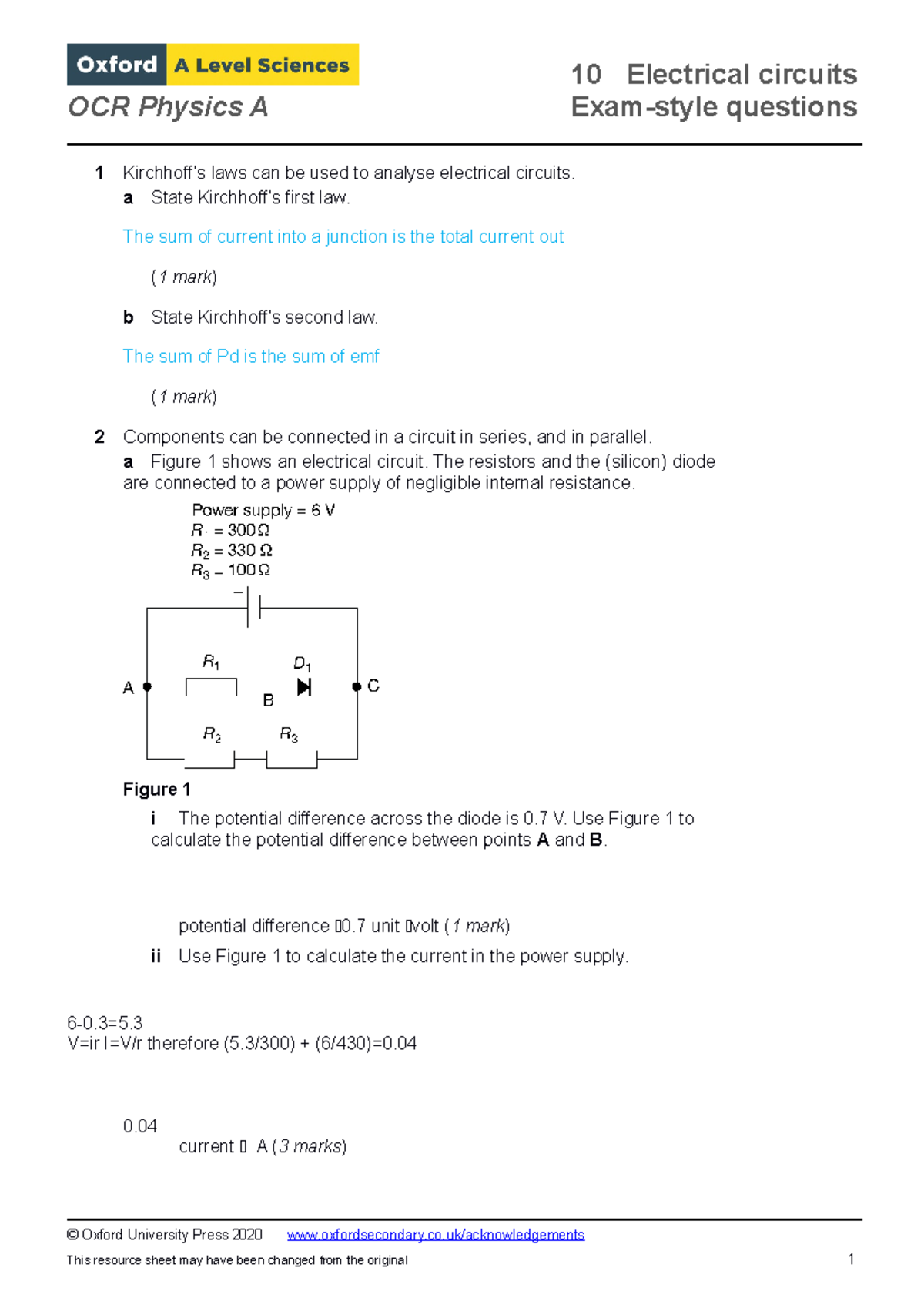Electricity Q - physics - OCR Physics A 1 Kirchhoff’s laws can be used ...