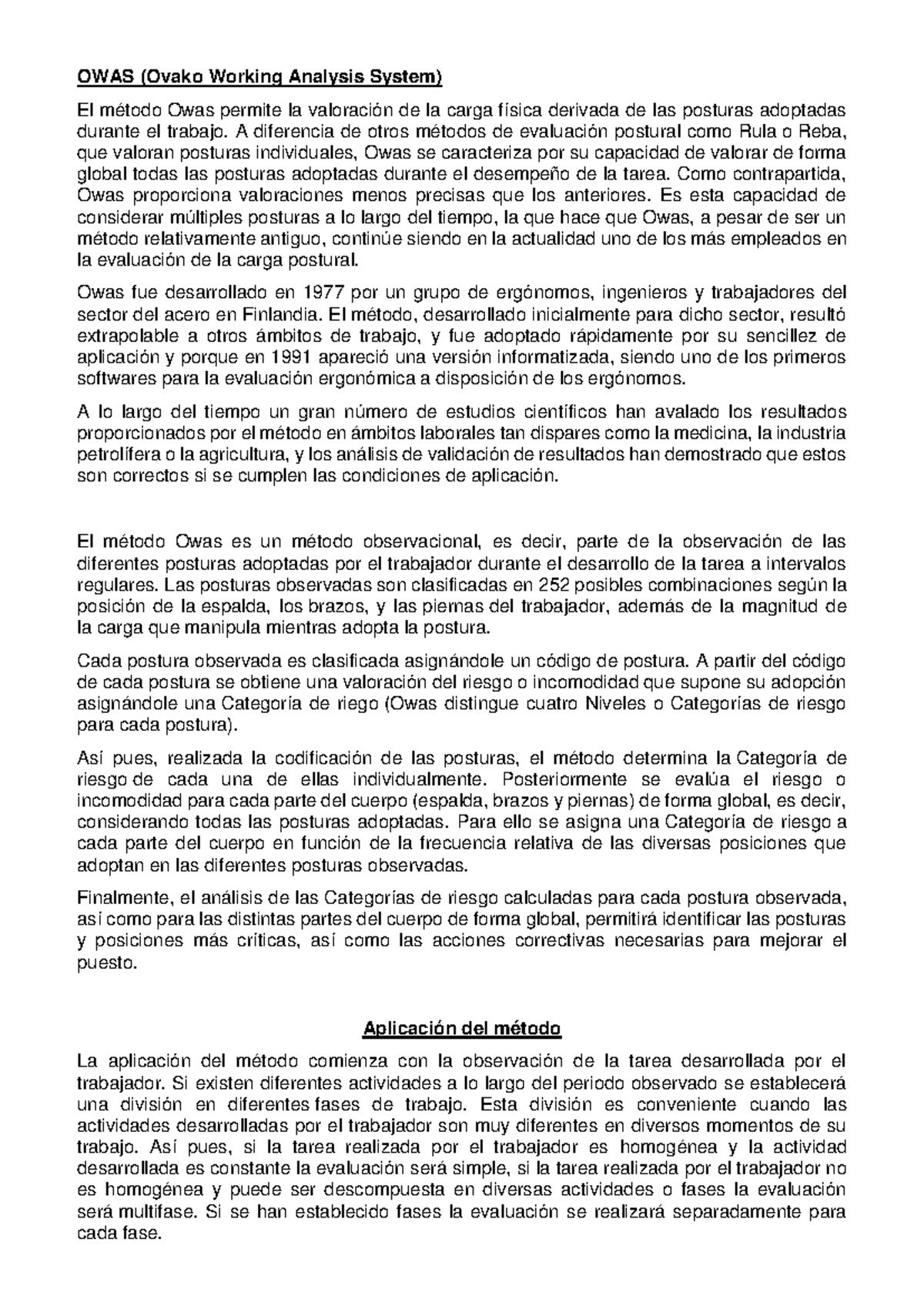 Metodo OWAS Teoria - OWAS (Ovako Working Analysis System) El método ...