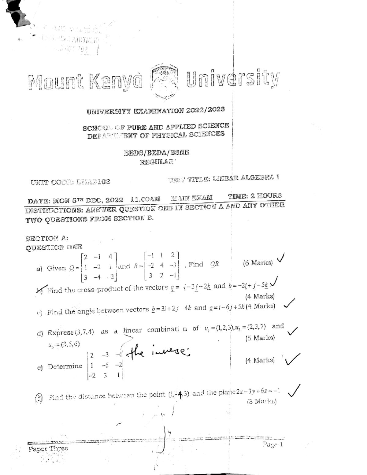 Linear Algebra 1 - Past papers to assist with revision - Studocu