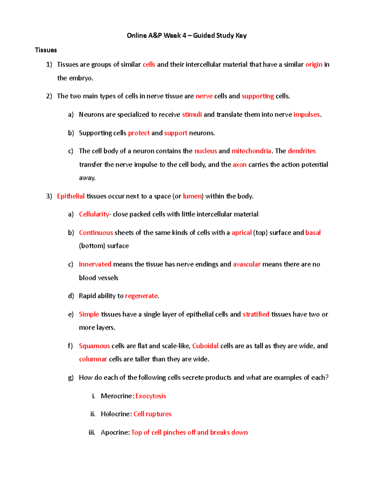Week 4 Study Guide Key - Online A&P Week 4 – Guided Study Key Tissues ...