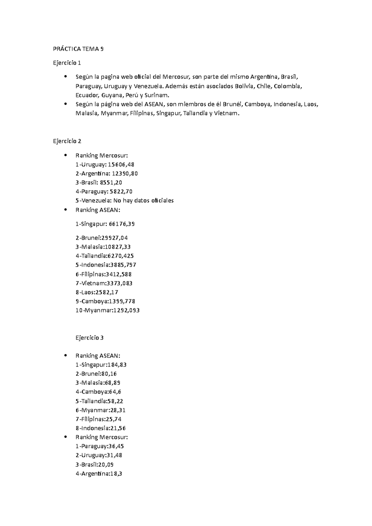 Práctica TEMA 9 - sdfsdf - PRÁCTICA TEMA 9 Ejercicio 1 Según la pagina web oficial del Mercosur ...