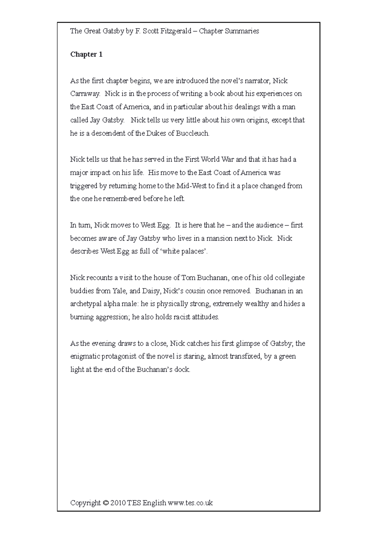 The great gatsby chapter summaries - Chapter 1 As the first chapter ...