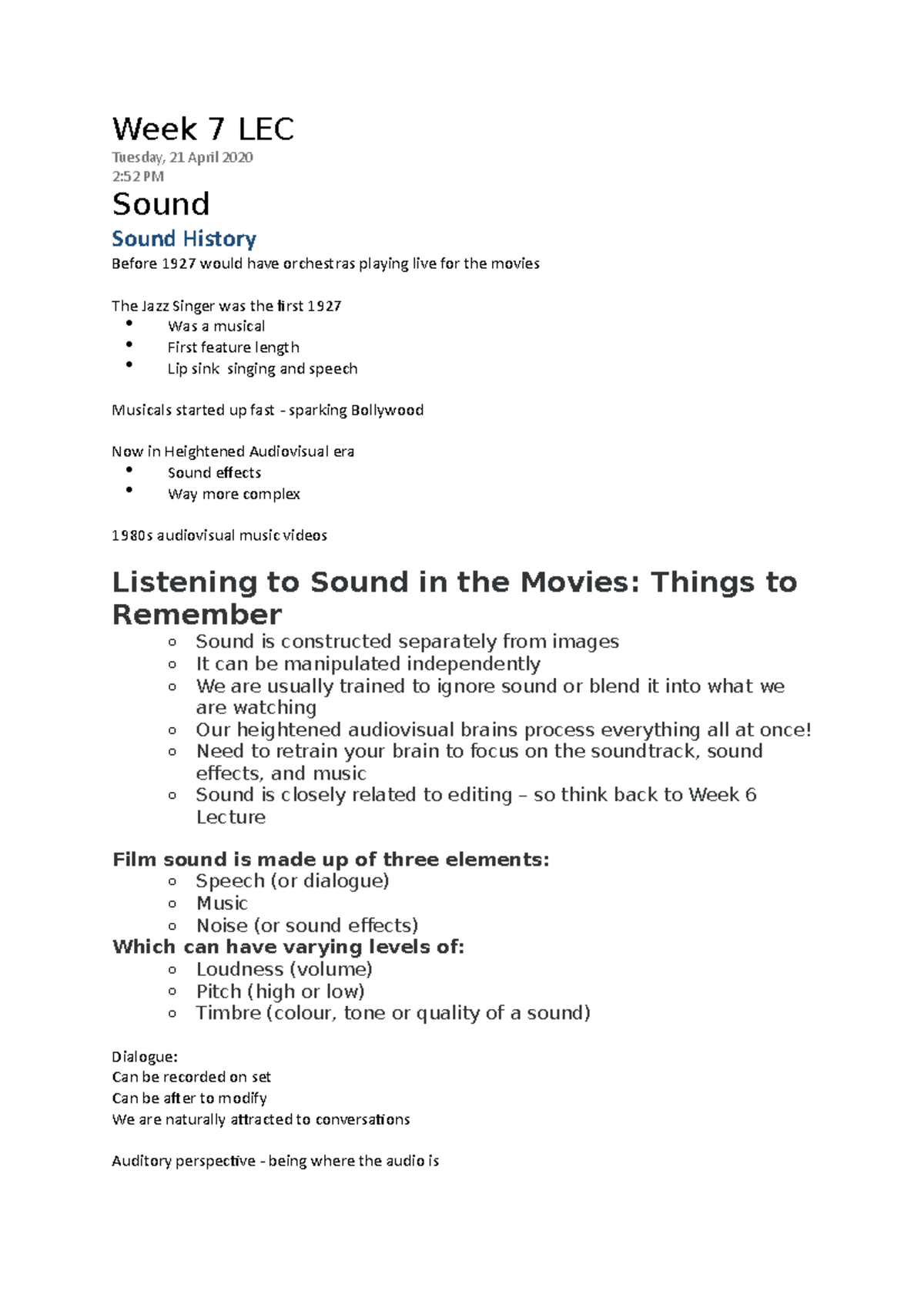Sound Notes - Week 7 LEC Tuesday, 21 April 2020 2:52 PM Sound Sound ...