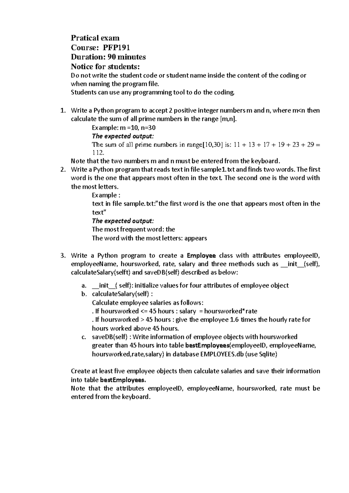Practical Exam SU24 fpt university - Pratical exam Course: PFP Duration ...