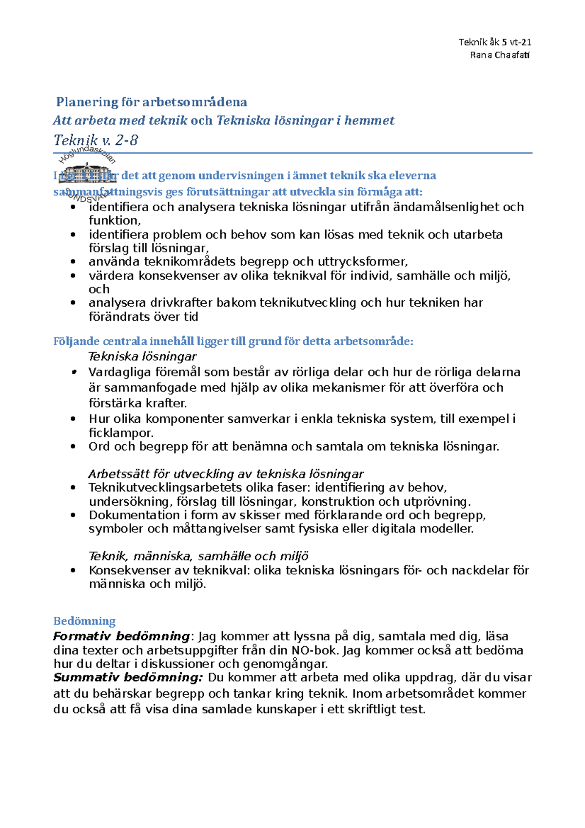 Planering teknik åk 5 vt-21 - Rana Chaafat Planering för arbetsområdena ...