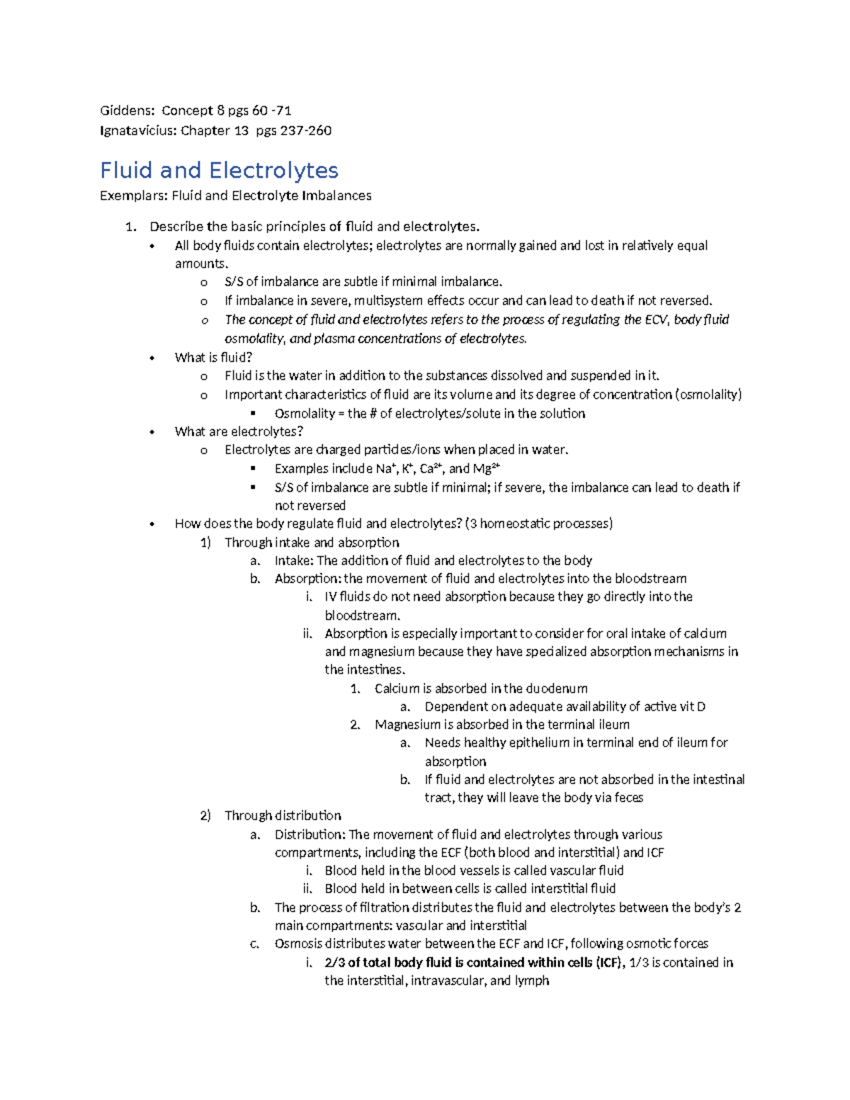 Week 1 - Fluid and Electrolytes Lecture Notes - Giddens: Concept 8 pgs ...