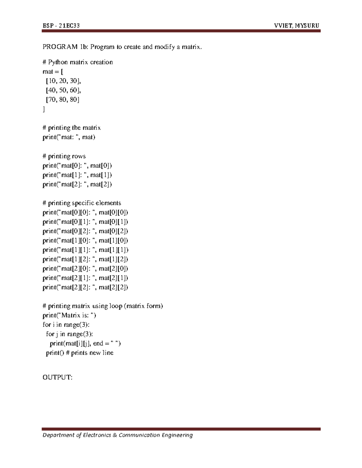 Program 1b,2,5 - Ece - BSP - 21EC33 VVIET, MYSURU Department of Electronics & Communication ...