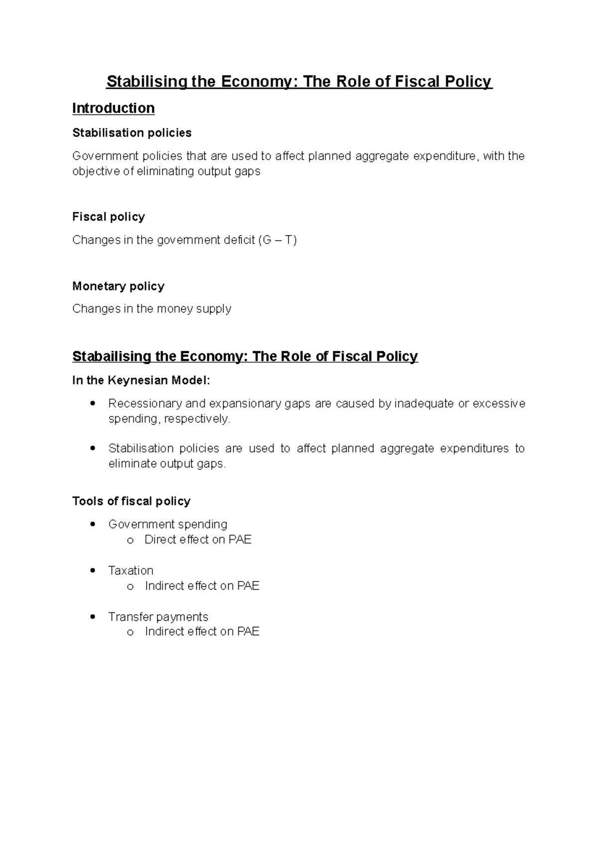 7.Fiscal Policy - Lecture notes 7 - Stabilising the Economy: The Role ...
