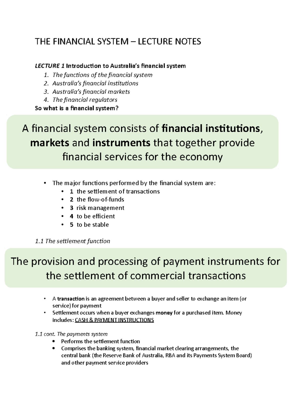Lecture Notes - THE FINANCIAL SYSTEM – LECTURE NOTES LECTURE 1 ...