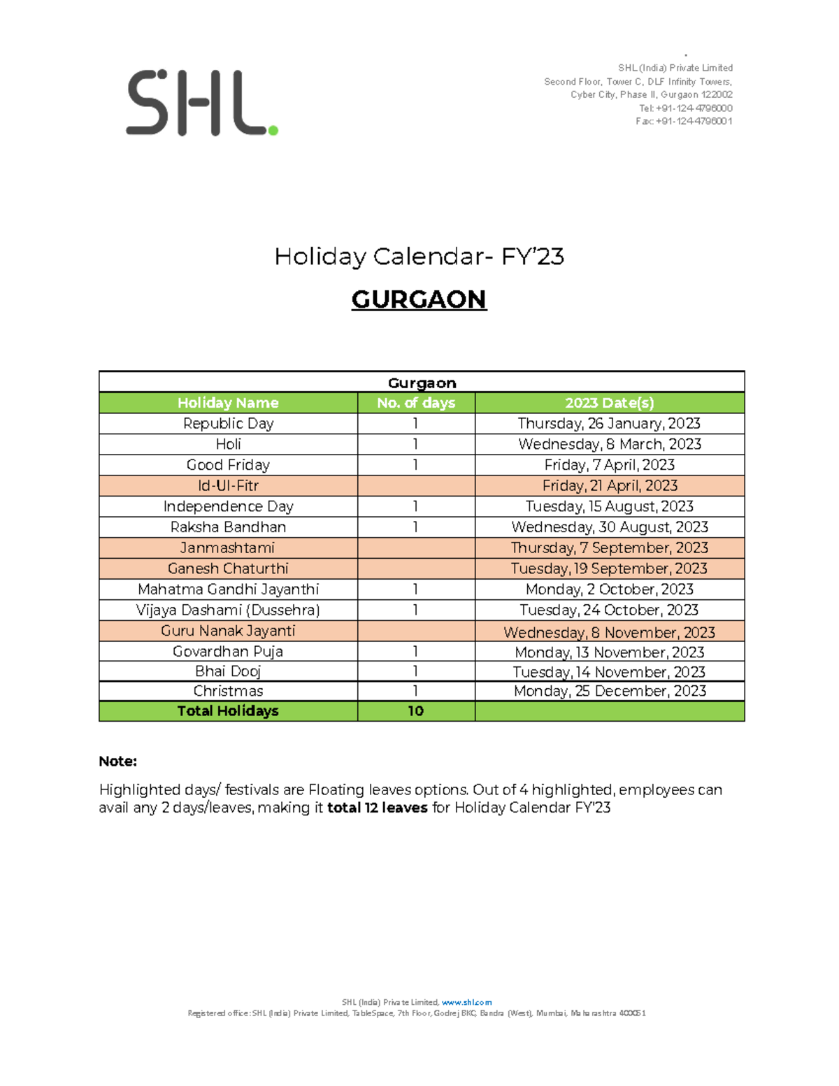 Holiday Calendar FY'23 - • SHL (India) Private Limited Second Floor ...