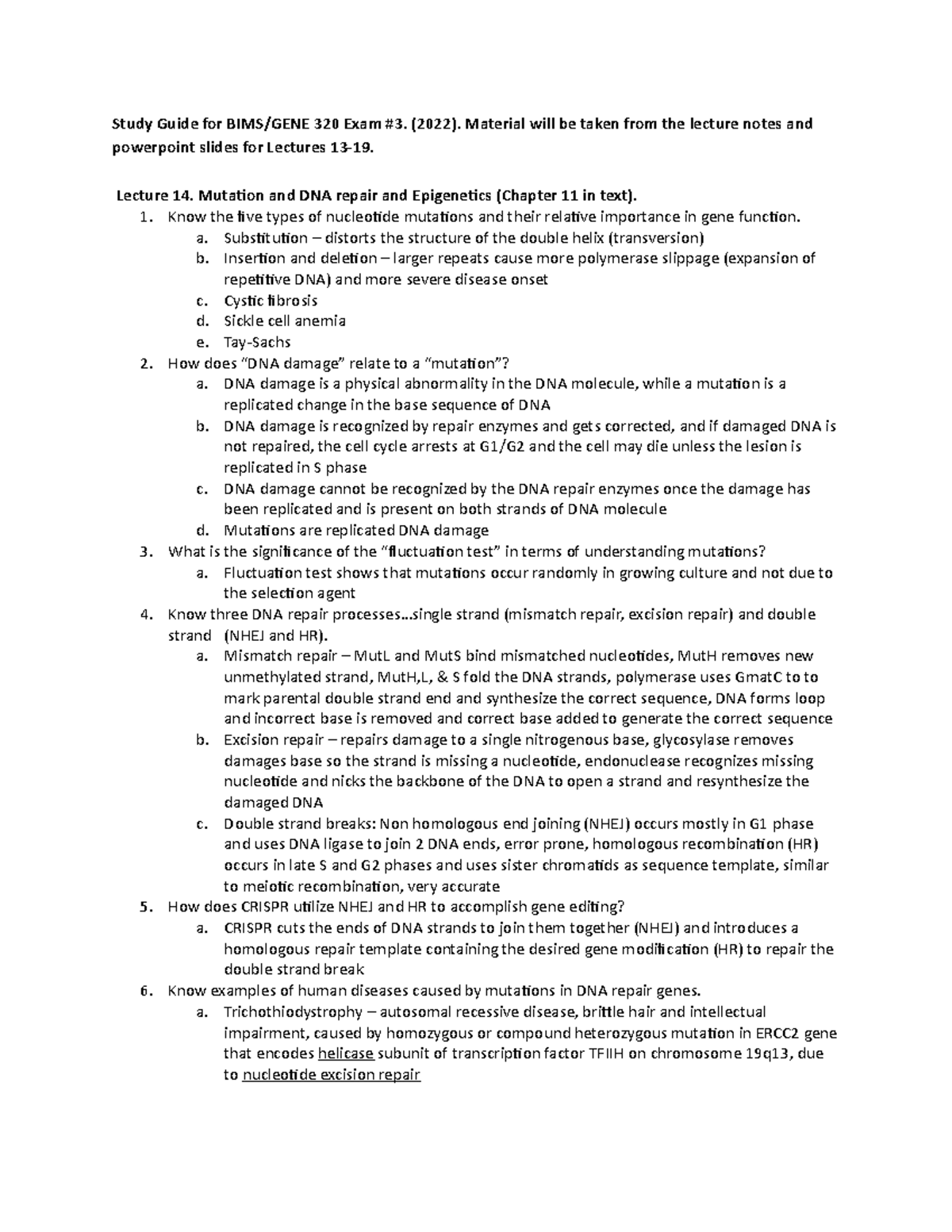 Study Guide Exam III 2022a - Study Guide for BIMS/GENE 320 Exam #3 ...