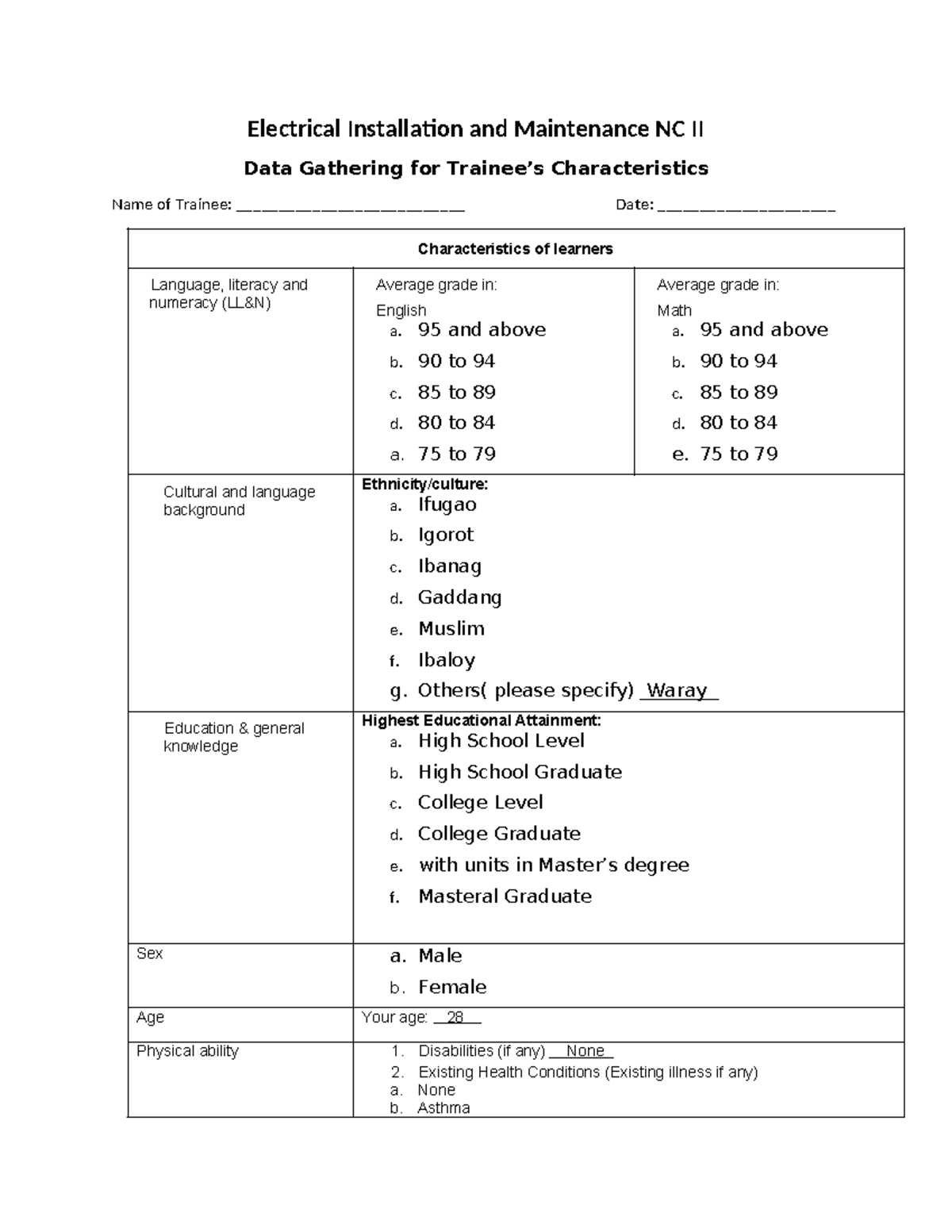 Data Gathering - This form is used to determine the skill gap of ...