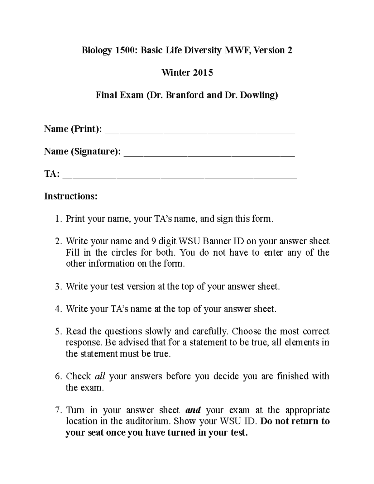 BIO 1500 Final Exam 001 version 2 answer key - Biology 1500: Basic Life ...