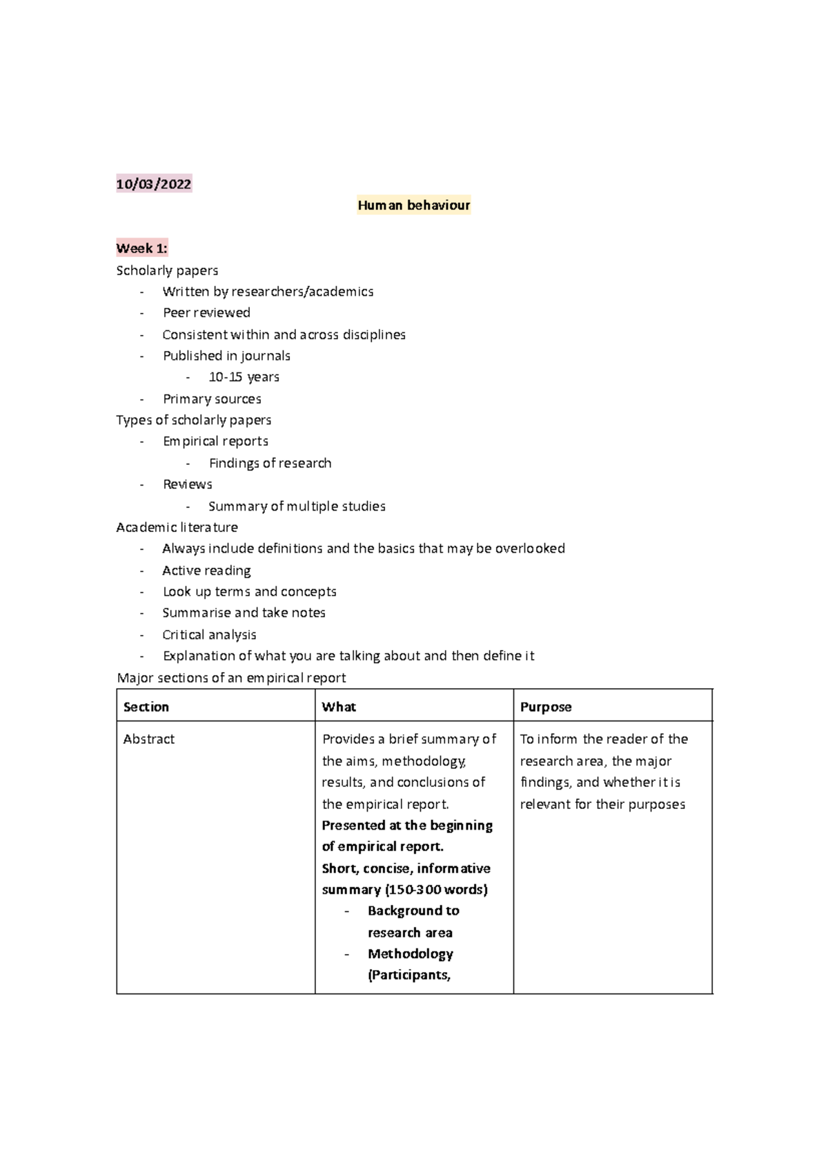 Human behaviour notes - Google Docs - 10/03/ Human behaviour Week 1 ...