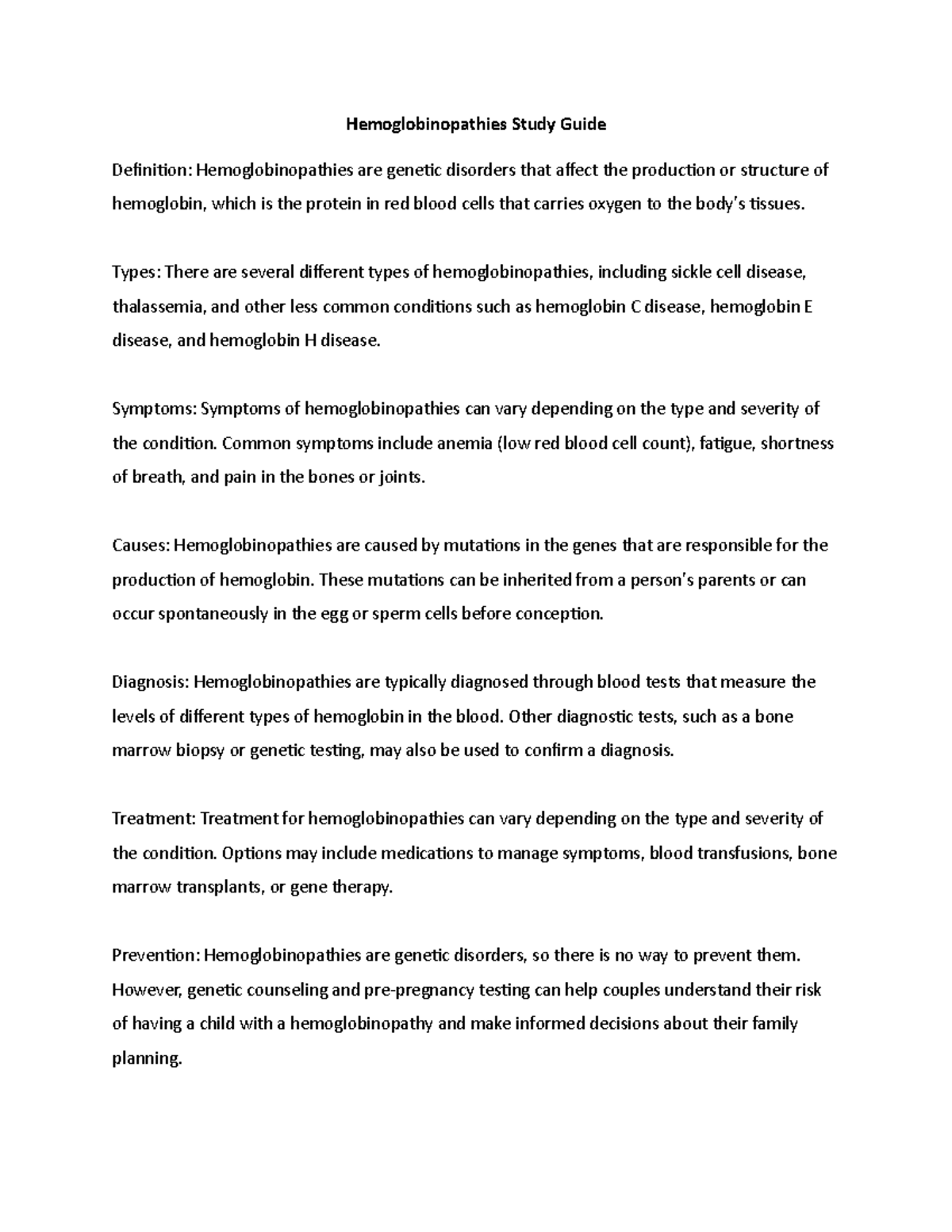 Hemoglobinopathies Study Guide - Hemoglobinopathies Study Guide ...