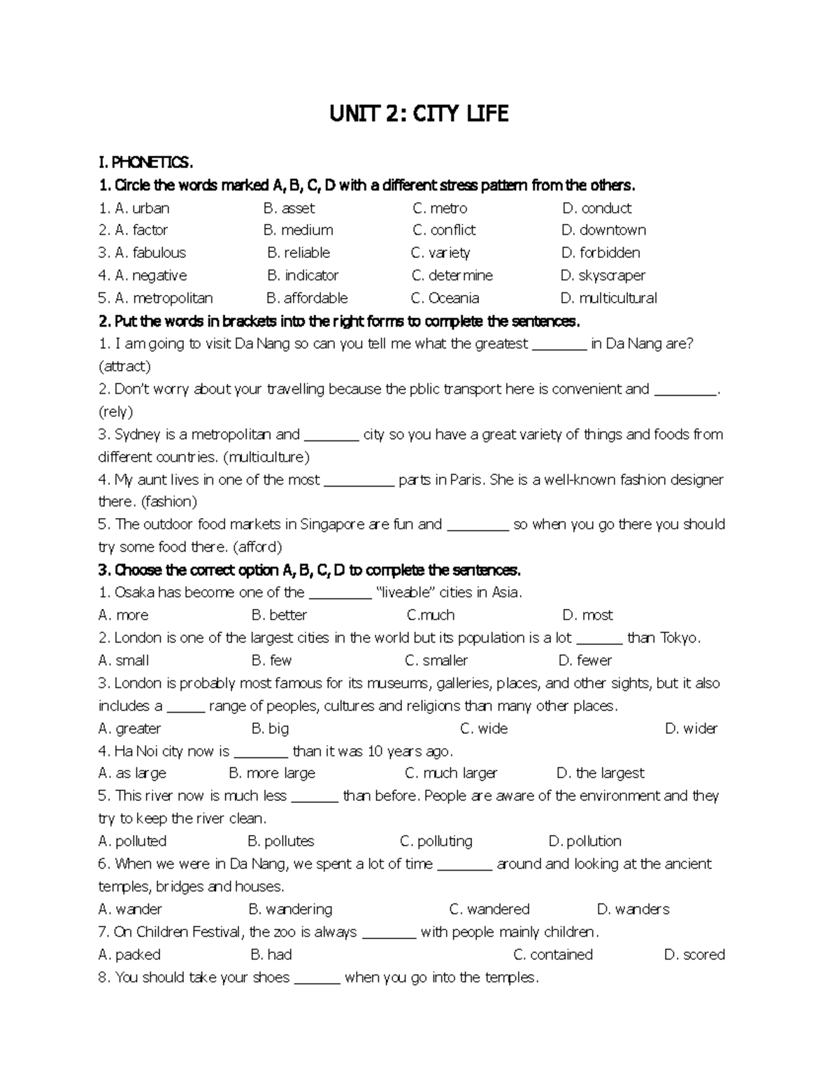 UNIT 2 - nothing - UNIT 2 : CITY LIFE I. PHONETICS. Circle the words ...