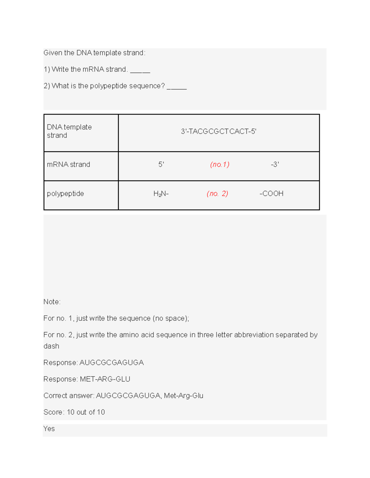 central dogma quiz - Given the DNA template strand: Write the mRNA ...