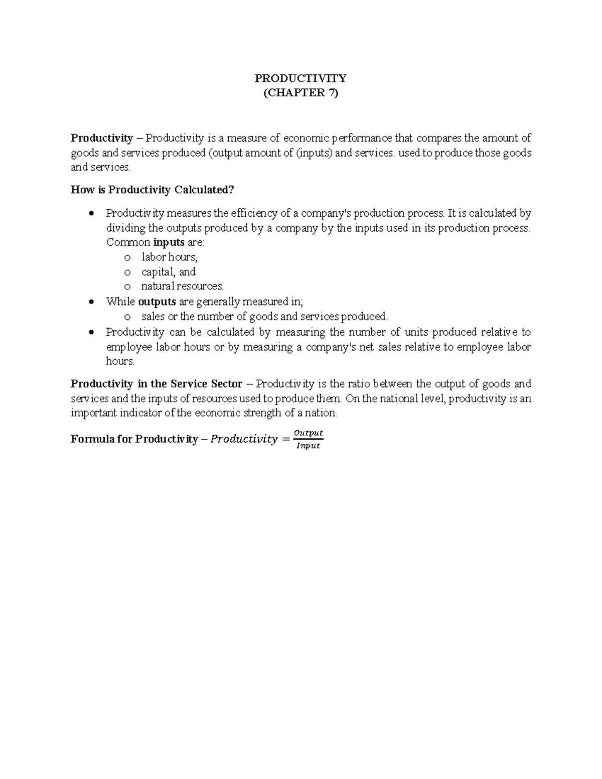 CBME Chapter 7 Reviewer - PRODUCTIVITY (CHAPTER 7) Productivity ...