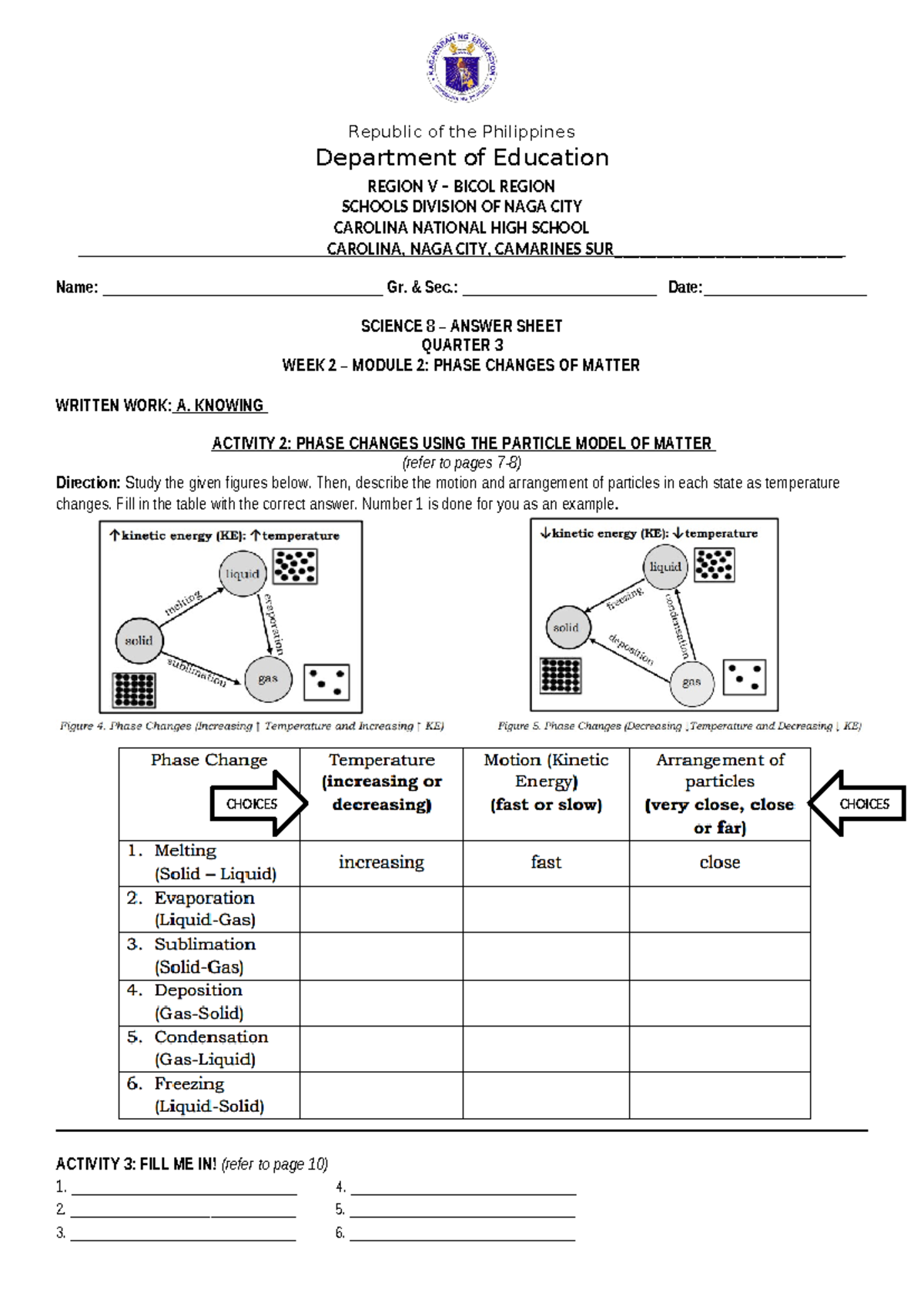 Q3 Answer Sheet W2 Lecture Republic Of The Philippines Department