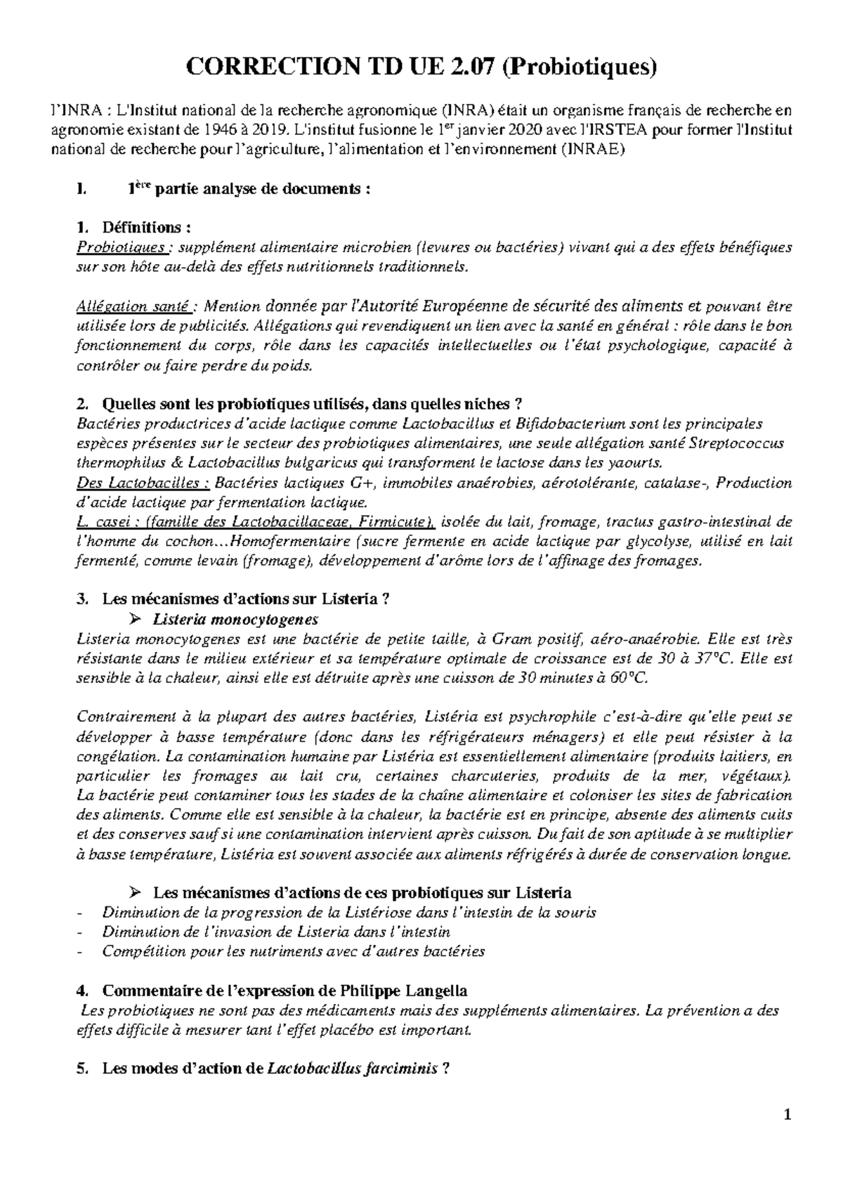 TD UE 2.07 N°2 corrigé vrai - CORRECTION TD UE 2 (Probiotiques) l’INRA : L'Institut national de ...