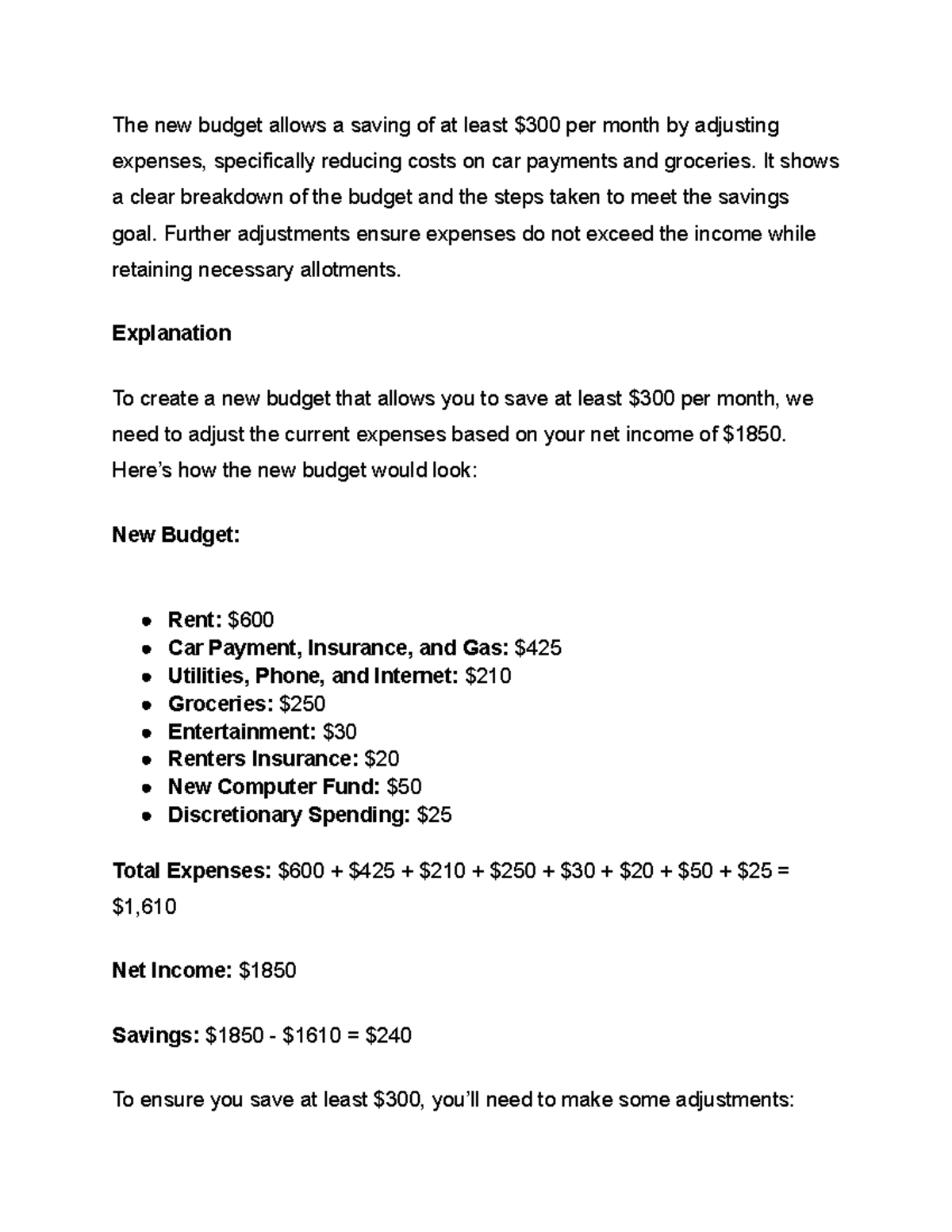 Budget - all good - The new budget allows a saving of at least $300 per ...